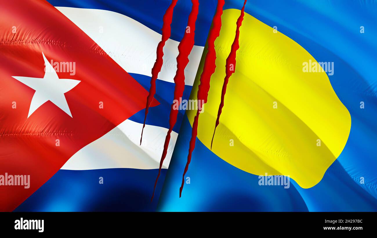 Cuba and Palau flags with scar concept. Waving flag 3D rendering. Cuba ...