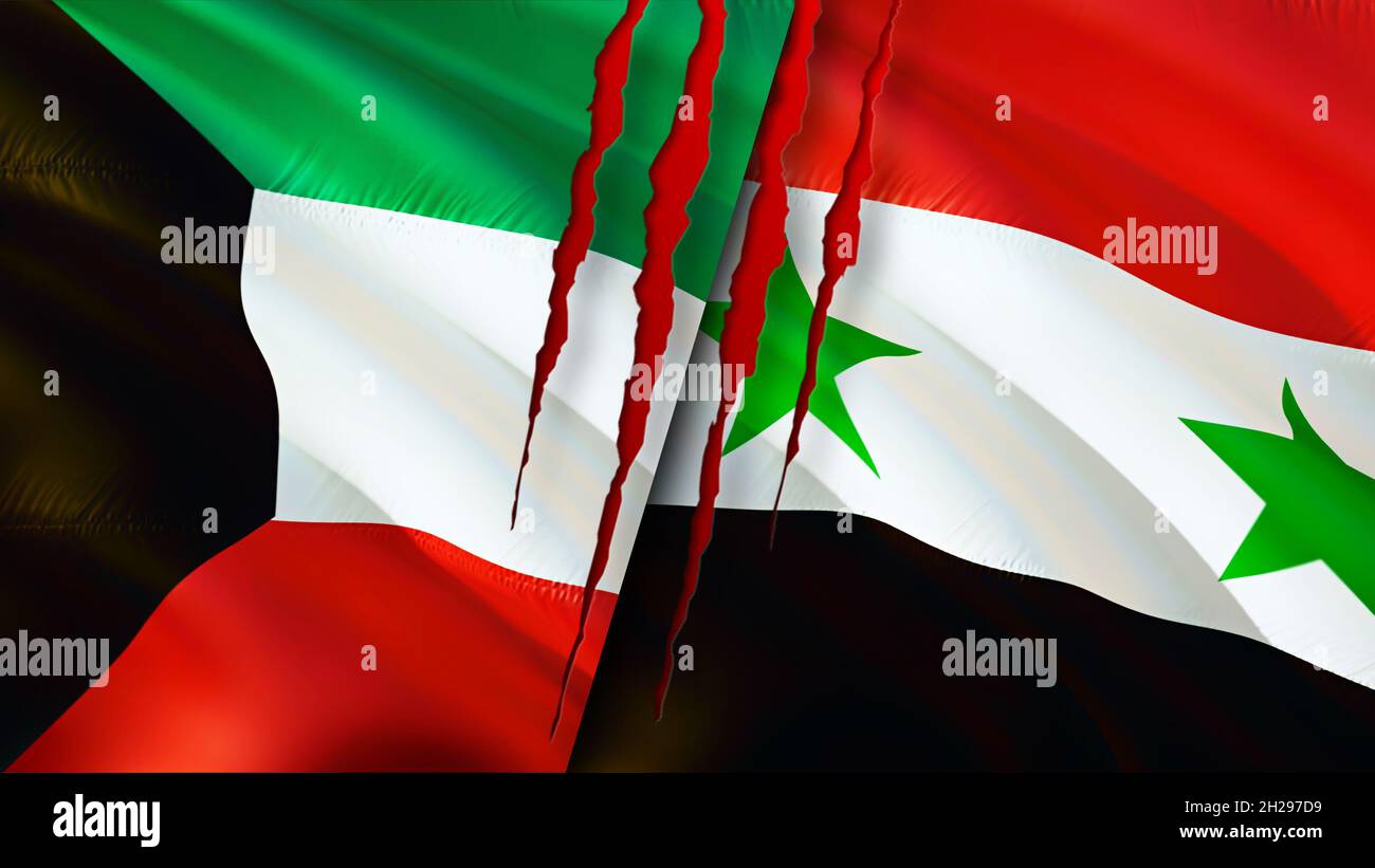 Kuwait and Syria flags with scar concept. Waving flag,3D rendering ...