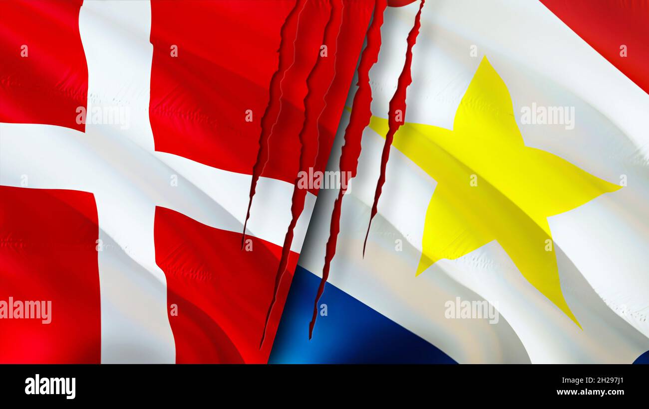 Denmark and Saba Island flags with scar concept. Waving flag,3D ...