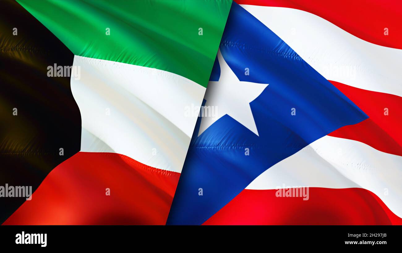 Kuwait and Puerto Rico flags. 3D Waving flag design. Puerto Rico Kuwait ...