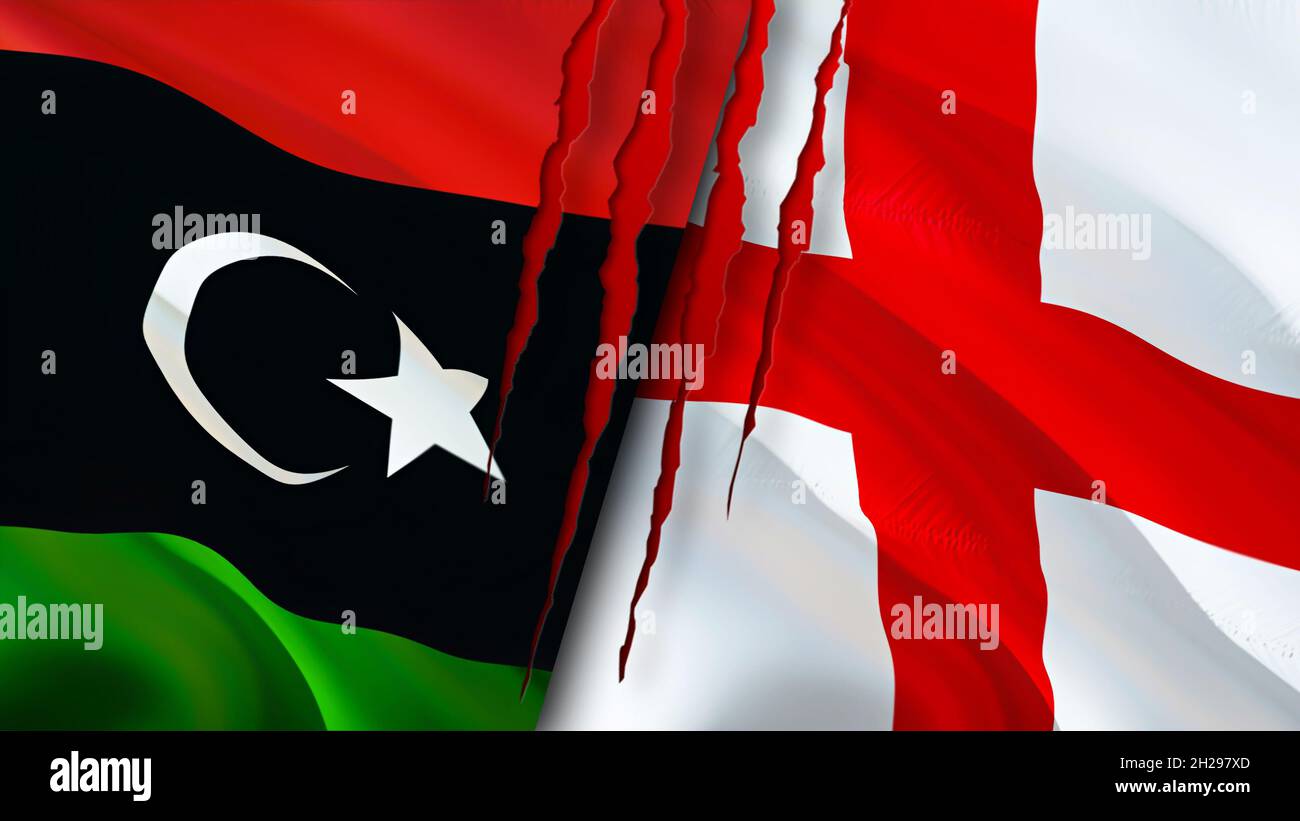 Libya and England flags with scar concept. Waving flag,3D rendering ...