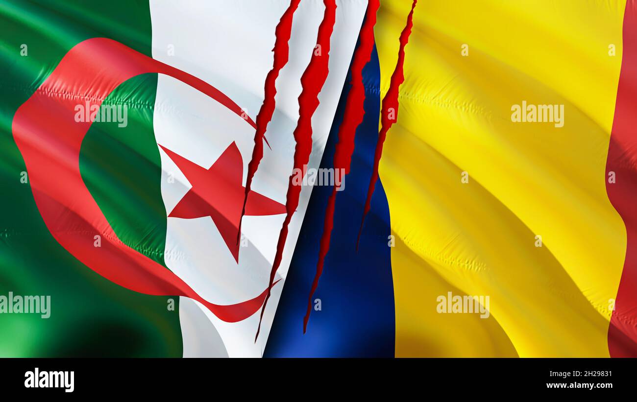 Algeria and Chad flags with scar concept. Waving flag 3D rendering ...