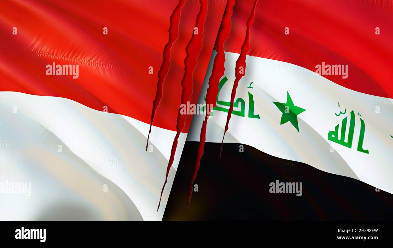 Indonesia and Iraq flags with scar concept. Waving flag,3D rendering ...