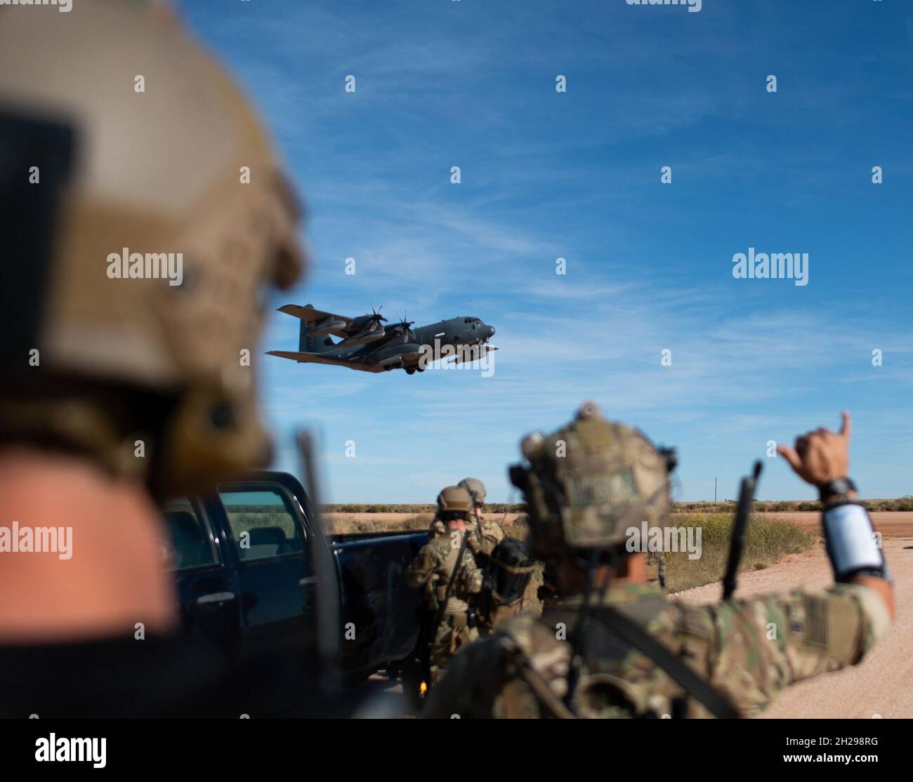 An MC-130J Commando II aircraft takes off from an austere runway during ...