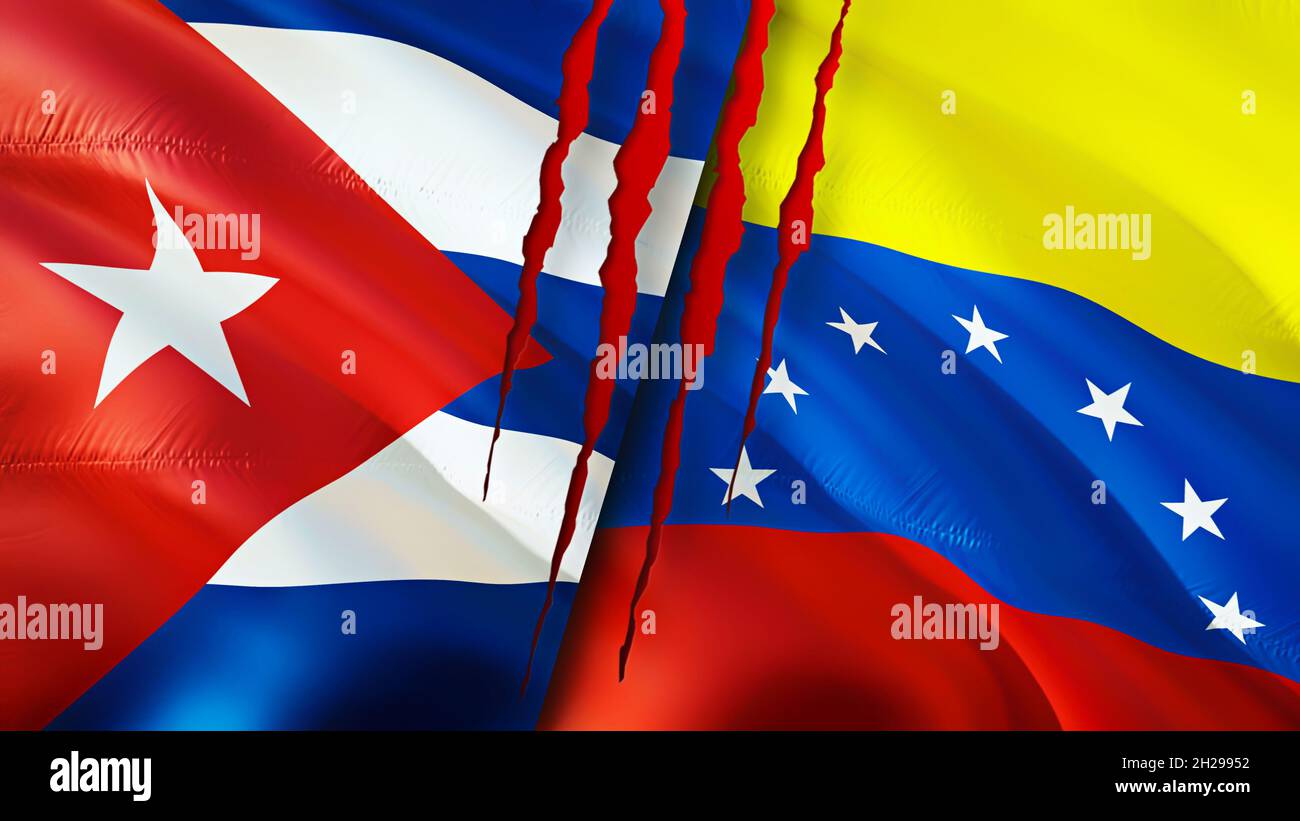 Cuba and Venezuela flags with scar concept. Waving flag 3D rendering ...