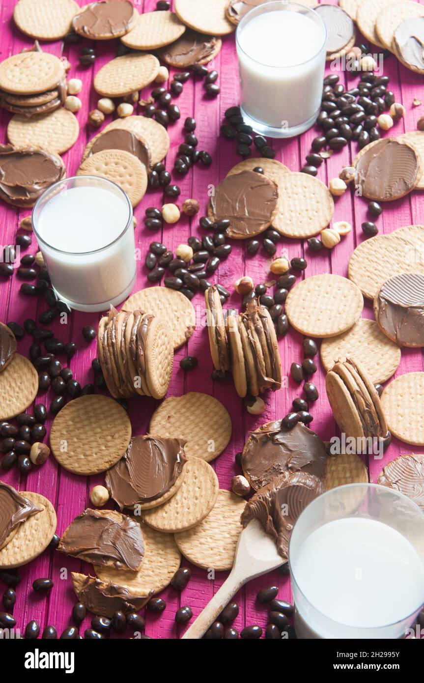 children's snack based on cookies, chocolate and milk Stock Photo - Alamy