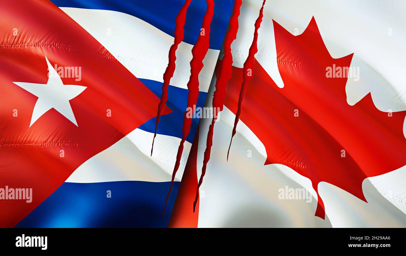 Cuba and Canada flags with scar concept. Waving flag 3D rendering. Cuba ...