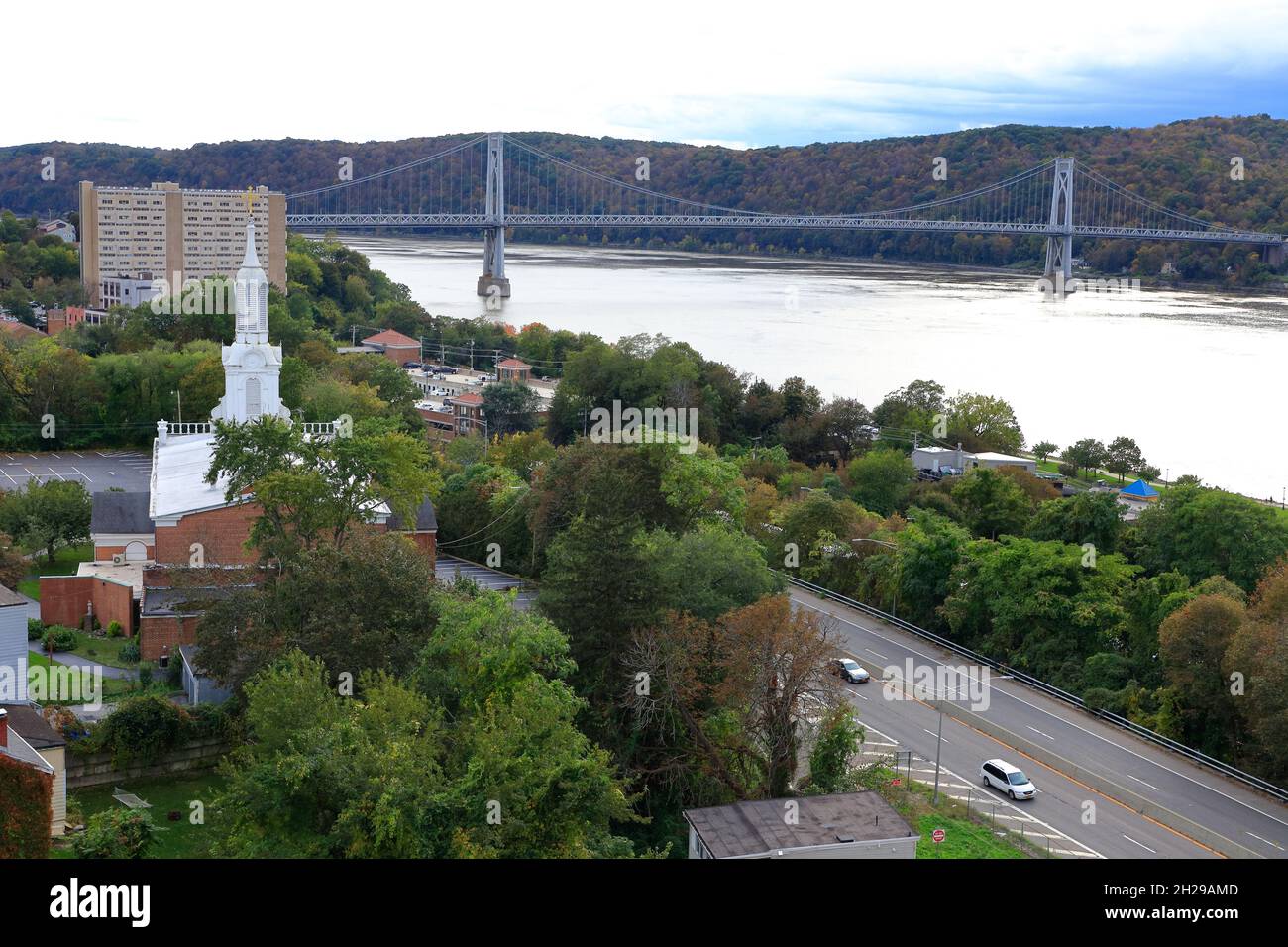 Mid-Hudson Bridge over Hudson River with Our Lady of Mt.Carmel church ...