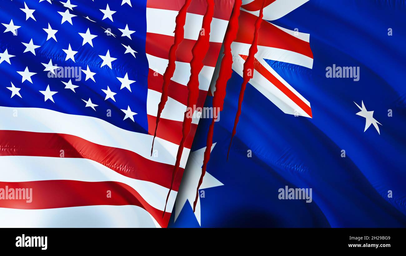 United States and Australia flags with scar concept. Waving flag,3D ...