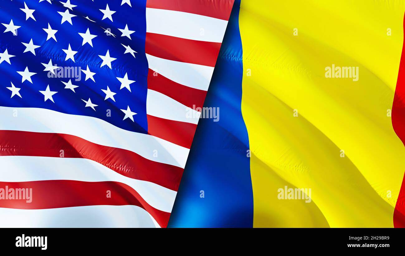 United States and Romania flags. 3D Waving flag design. United States ...