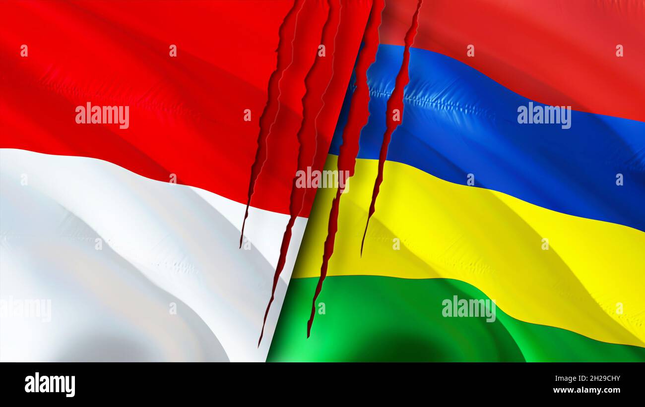 Monaco and Mauritius flags with scar concept. Waving flag,3D rendering ...