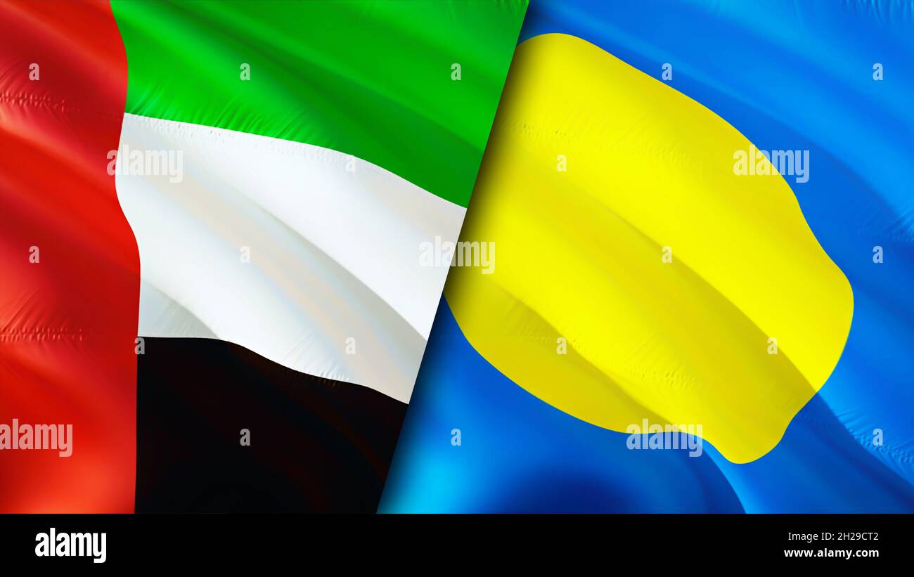 Emirates and Palau flags. 3D Waving flag design. Palau United Arab ...