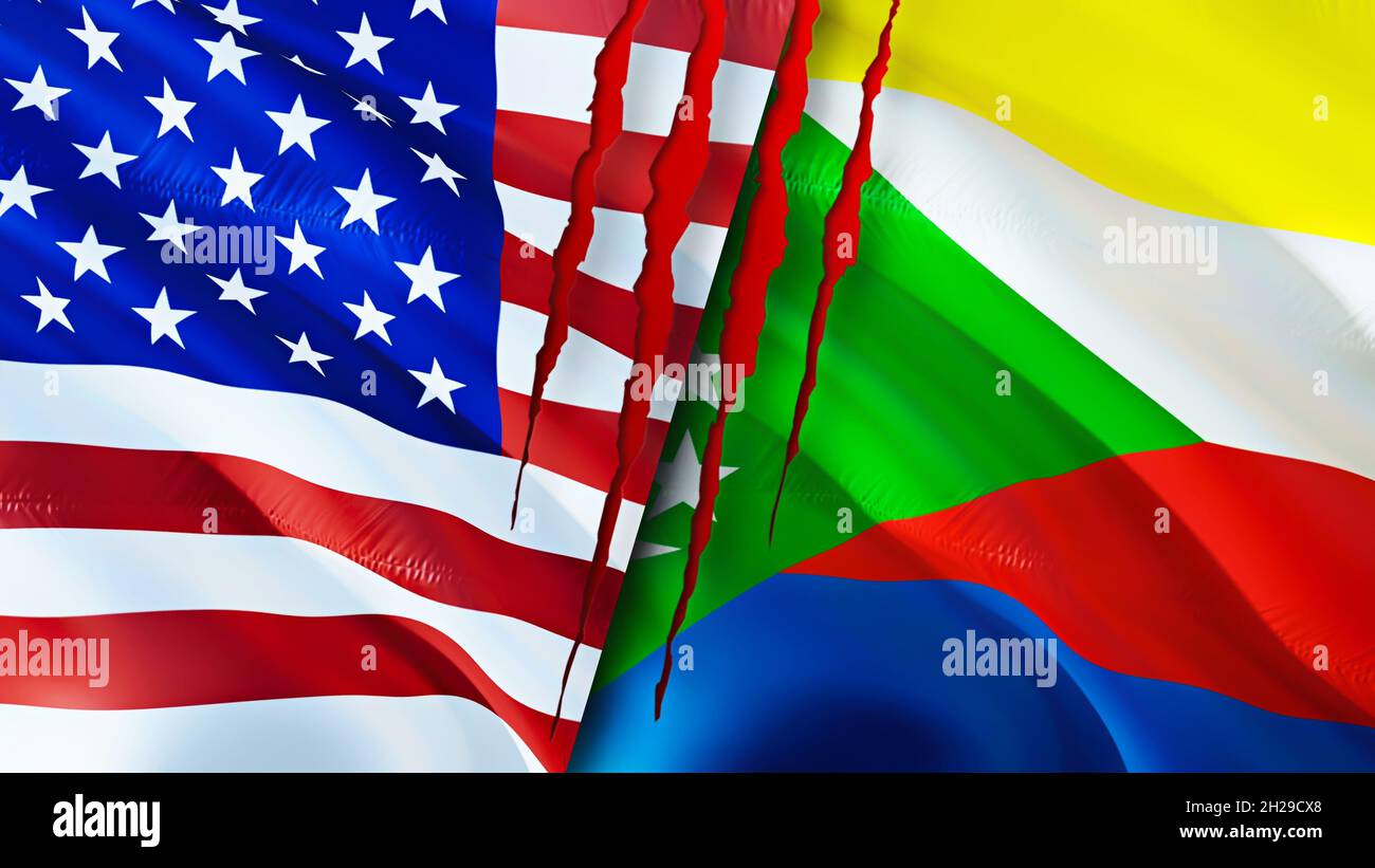 United States and Comoros flags with scar concept. Waving flag,3D ...