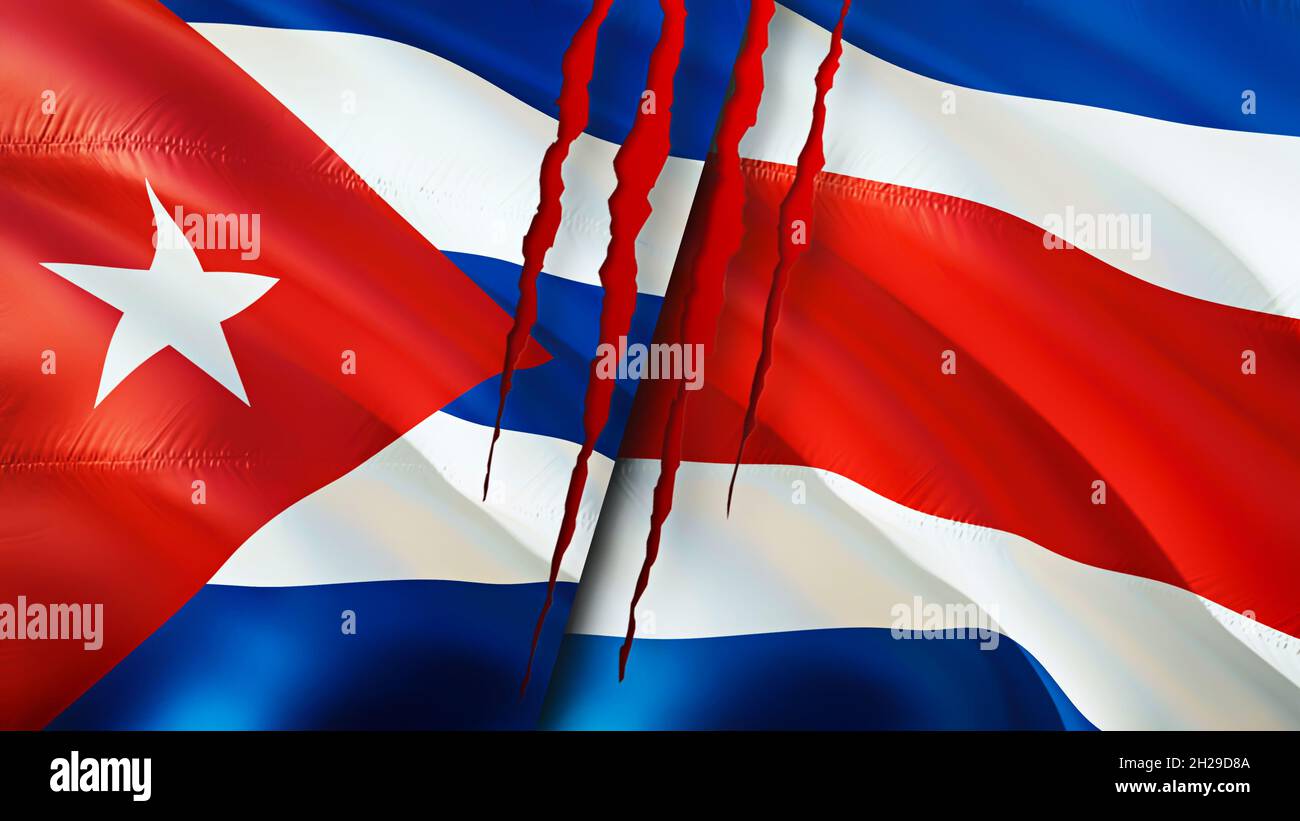 Cuba and Costa Rica flags with scar concept. Waving flag 3D rendering ...