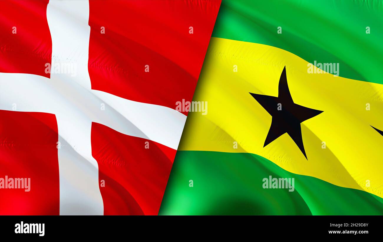 Denmark and Sao Tome and Principe flags. 3D Waving flag design. Sao ...