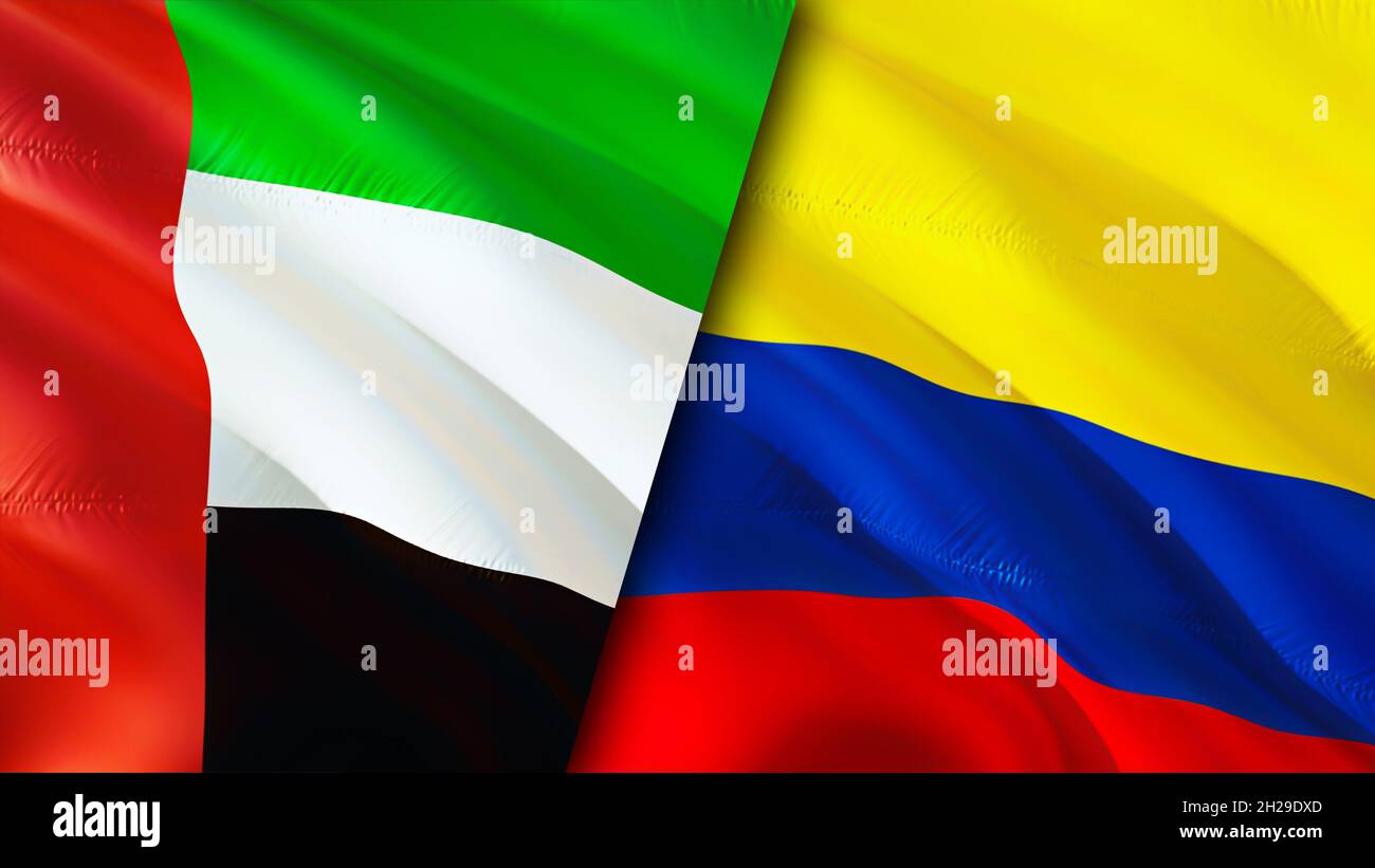 Emirates and Colombia flags. 3D Waving flag design. Colombia United ...