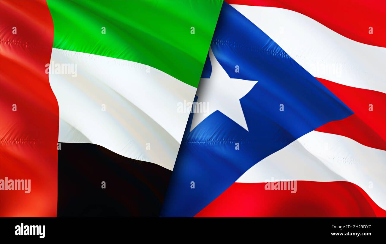 Emirates and Puerto Rico flags. 3D Waving flag design. Puerto Rico ...