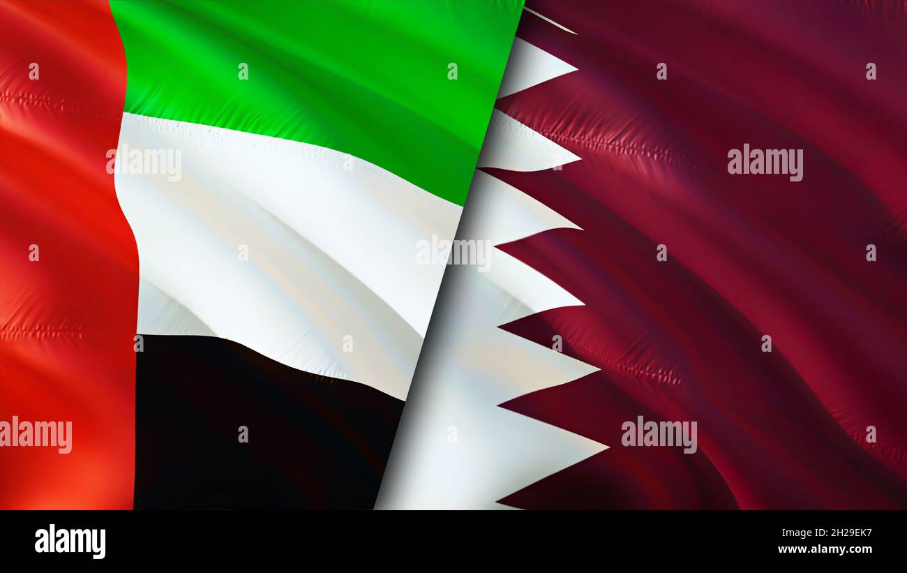 Emirates and Qatar flags. 3D Waving flag design. Qatar United Arab ...