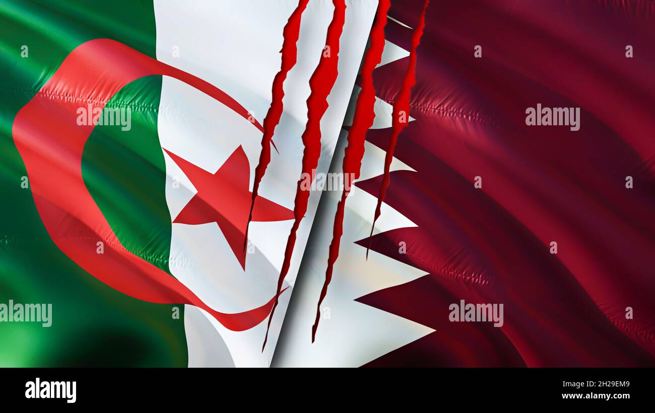 Algeria and Qatar flags with scar concept. Waving flag 3D rendering ...