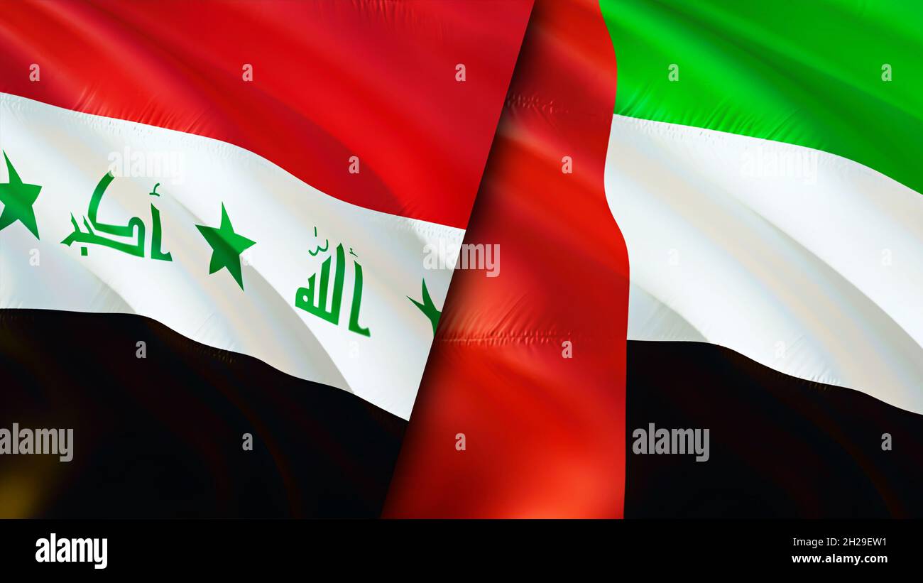 Iraq and United Arab Emirates flags. 3D Waving flag design. United Arab ...