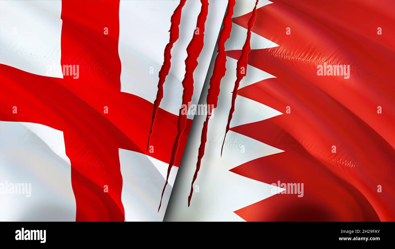 England and Bahrain flags with scar concept. Waving flag,3D rendering ...