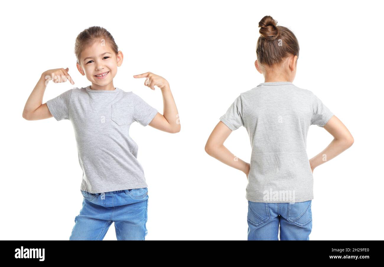 Front and back views of little girl in grey t-shirt on white background ...