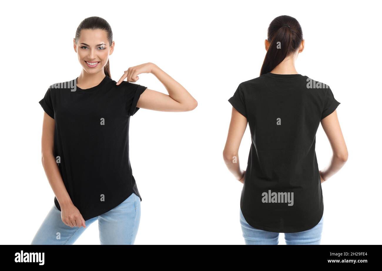 Front and back views of young woman in black t-shirt on white ...