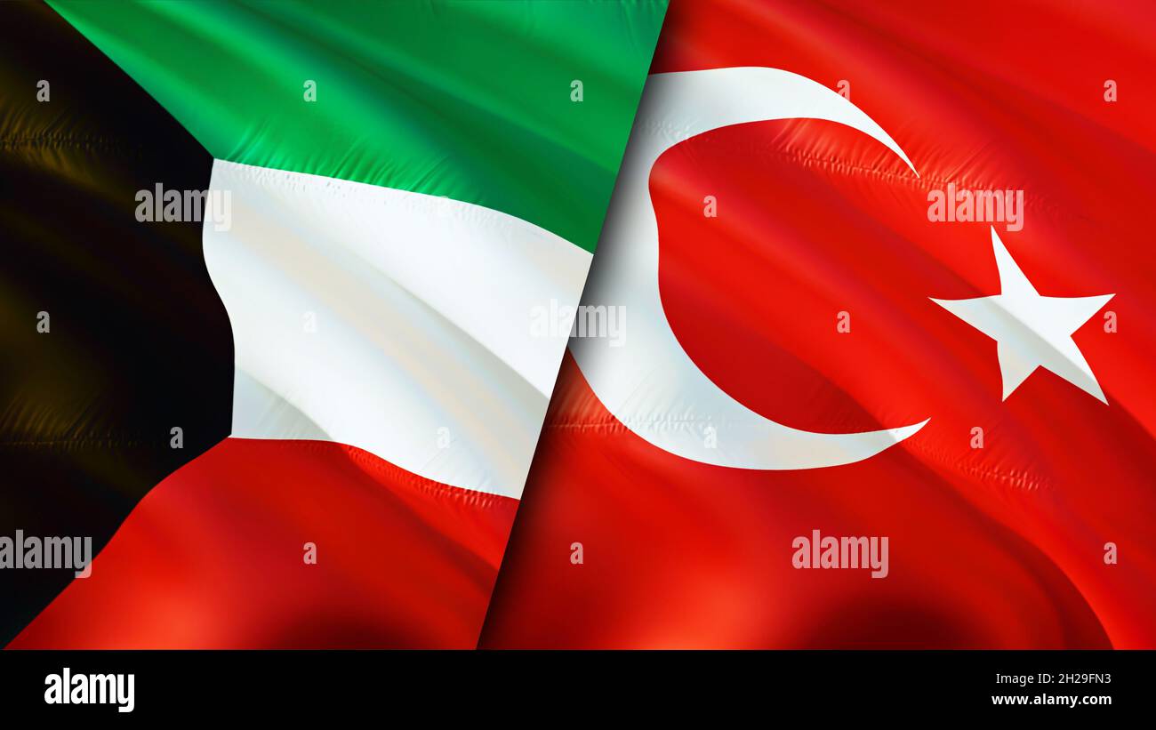 Kuwait and Turkey flags. 3D Waving flag design. Turkey Kuwait flag ...