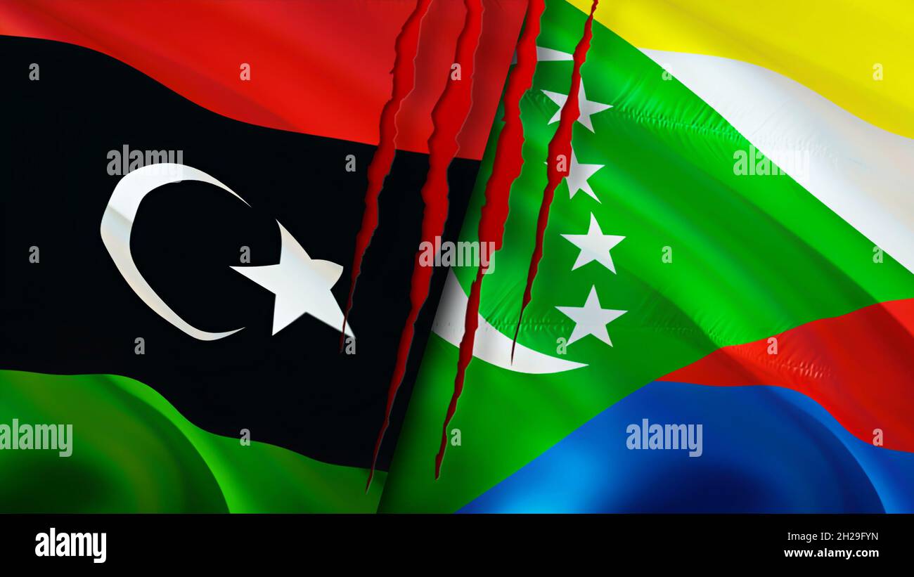 Libya and Comoros flags with scar concept. Waving flag,3D rendering ...