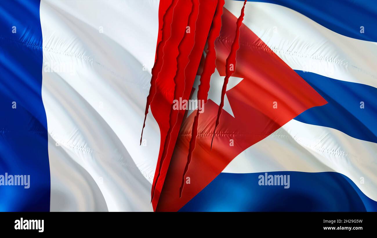 France and Cuba flags with scar concept. Waving flag,3D rendering ...