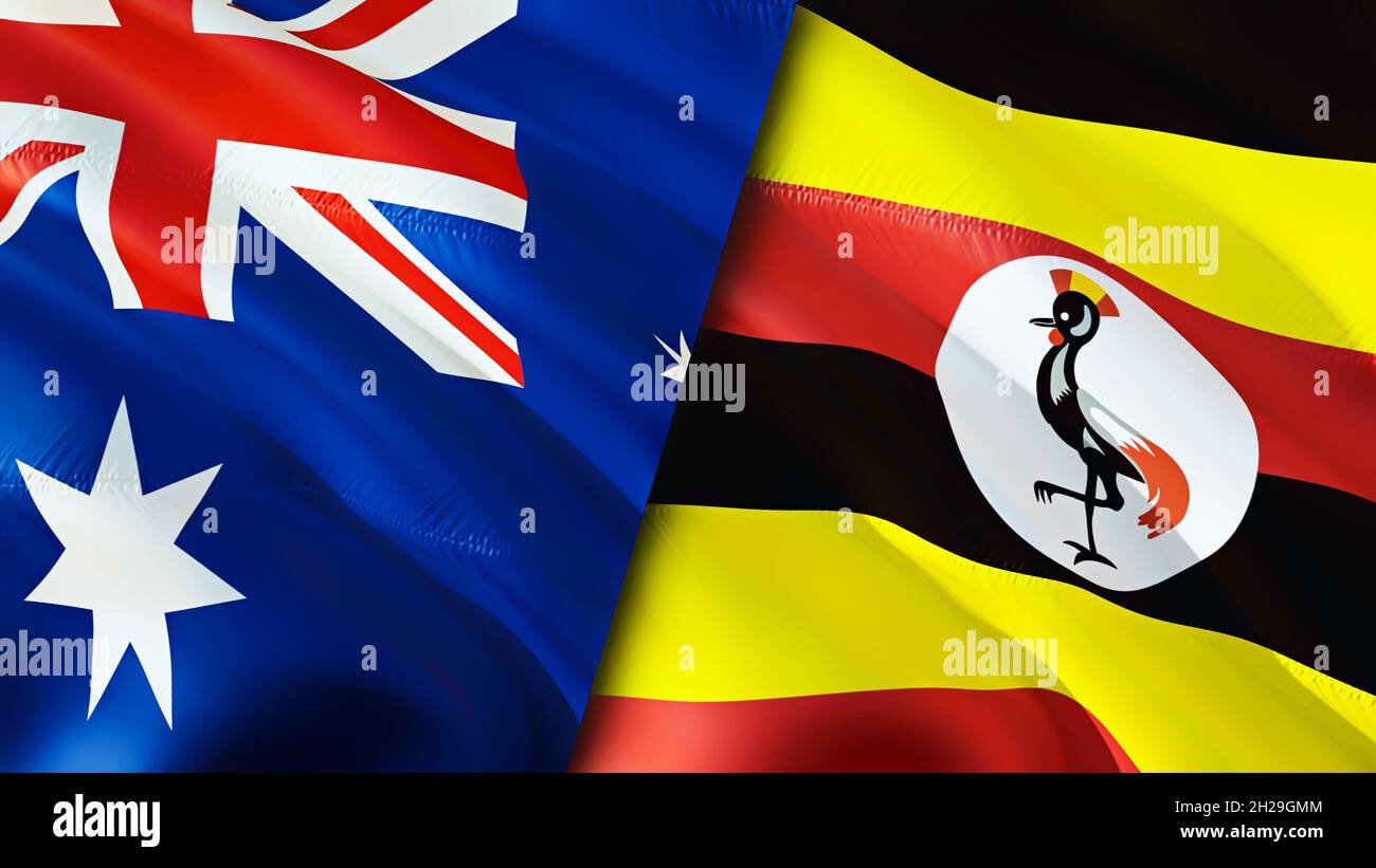 Australia and Uganda flags with scar concept. Waving flag 3D rendering ...