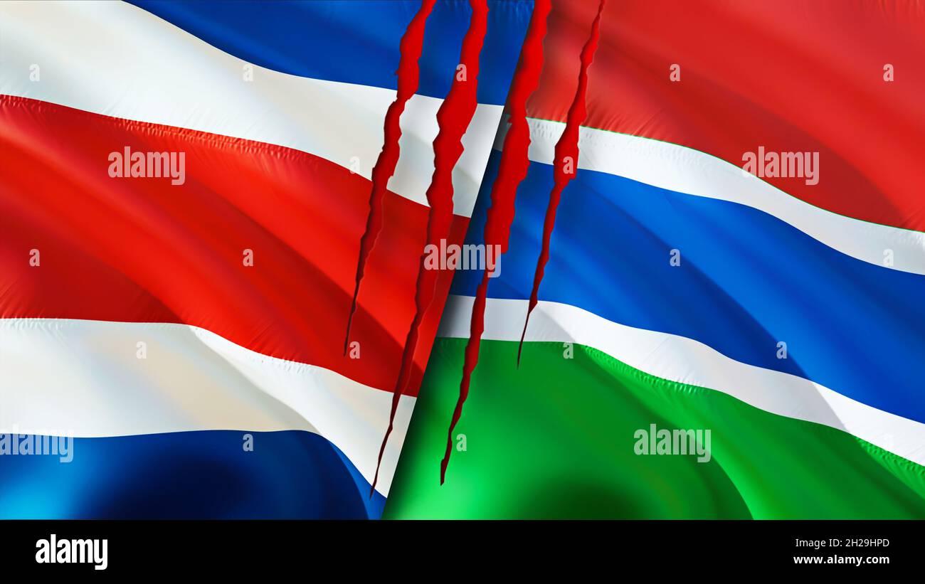 Costa Rica and Gambia flags with scar concept. Waving flag 3D rendering ...