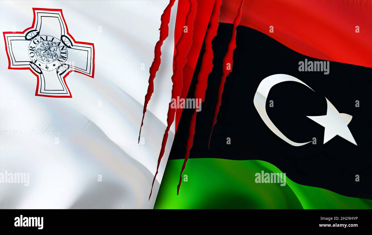 Malta and Libya flags with scar concept. Waving flag,3D rendering ...
