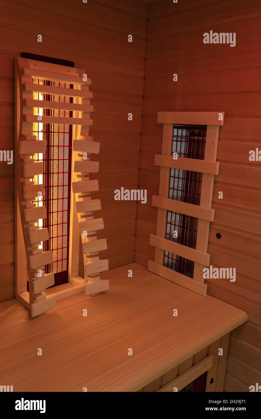 Vertical shot of an interior of a private infrared sauna cabin Stock ...