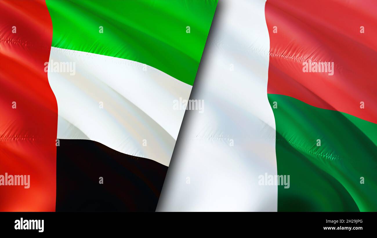 Emirates and Madagascar flags. 3D Waving flag design. Madagascar United ...