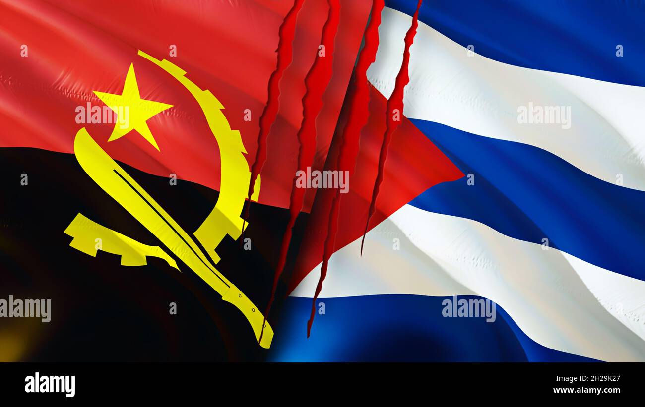 Angola and Cuba flags with scar concept. Waving flag 3D rendering ...