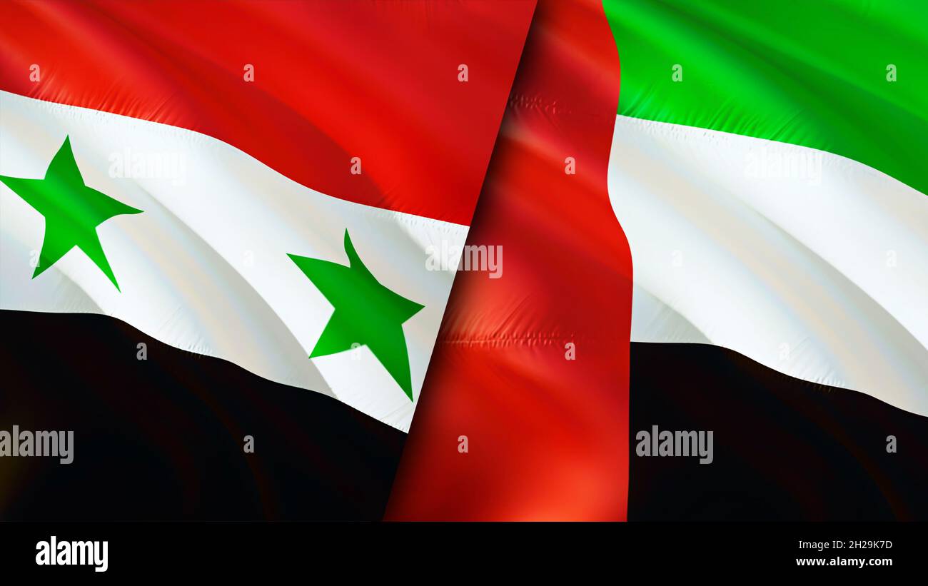 Syria and United Arab Emirates flags. 3D Waving flag design. United ...