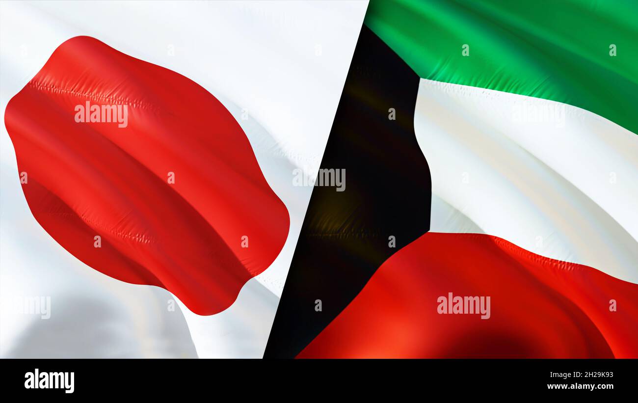 Japan and Kuwait flags. 3D Waving flag design. Japan Kuwait flag ...