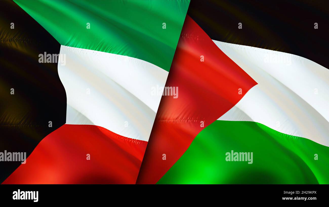 Kuwait and Palestine flags. 3D Waving flag design. Palestine Kuwait ...