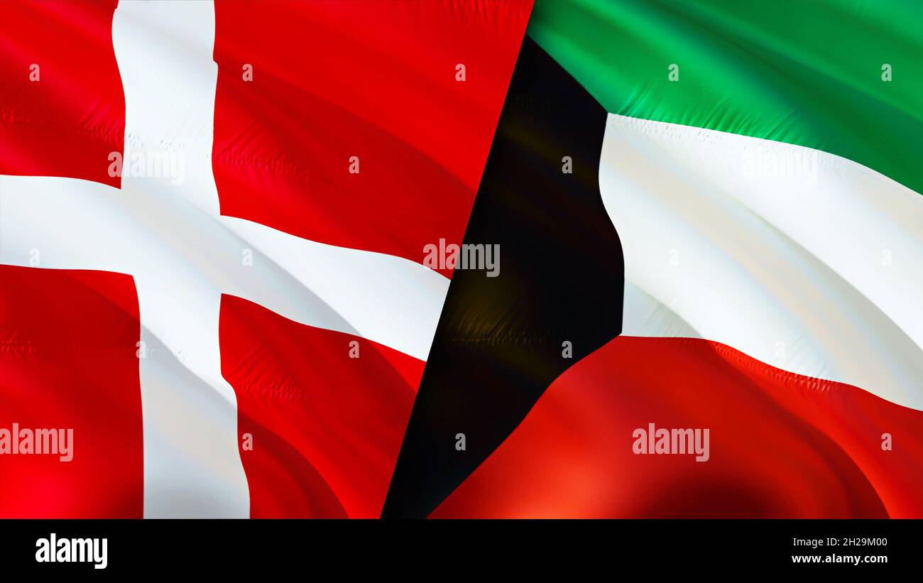 Denmark and Kuwait flags. 3D Waving flag design. Kuwait Denmark flag ...