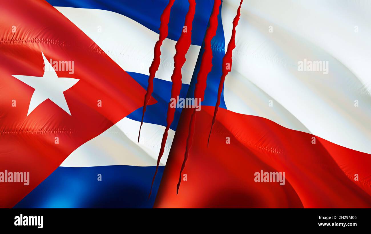 Cuba and Chile flags with scar concept. Waving flag 3D rendering. Cuba ...