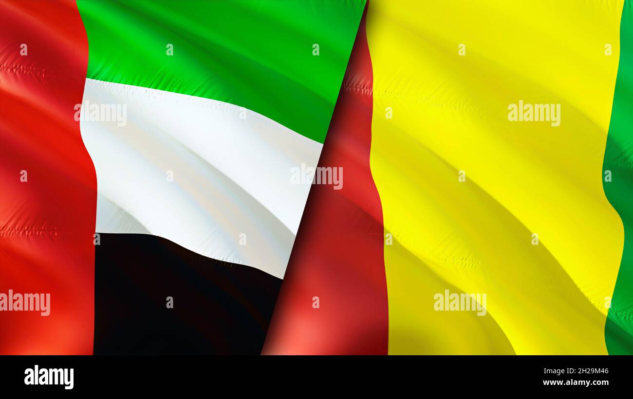 Emirates and Guinea flags. 3D Waving flag design. Guinea United Arab ...