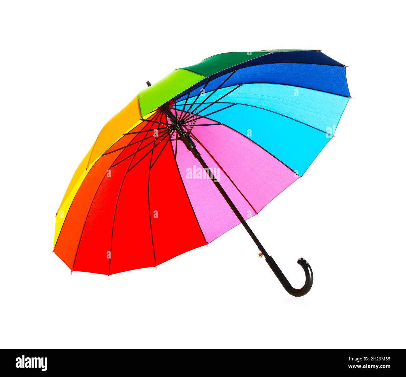 Open rainbow color umbrella on white background Stock Photo - Alamy