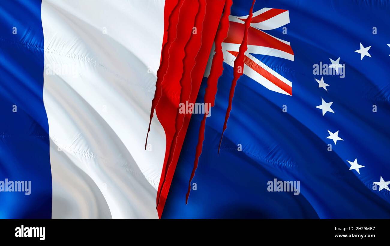 France and Cook Islands flags with scar concept. Waving flag,3D ...