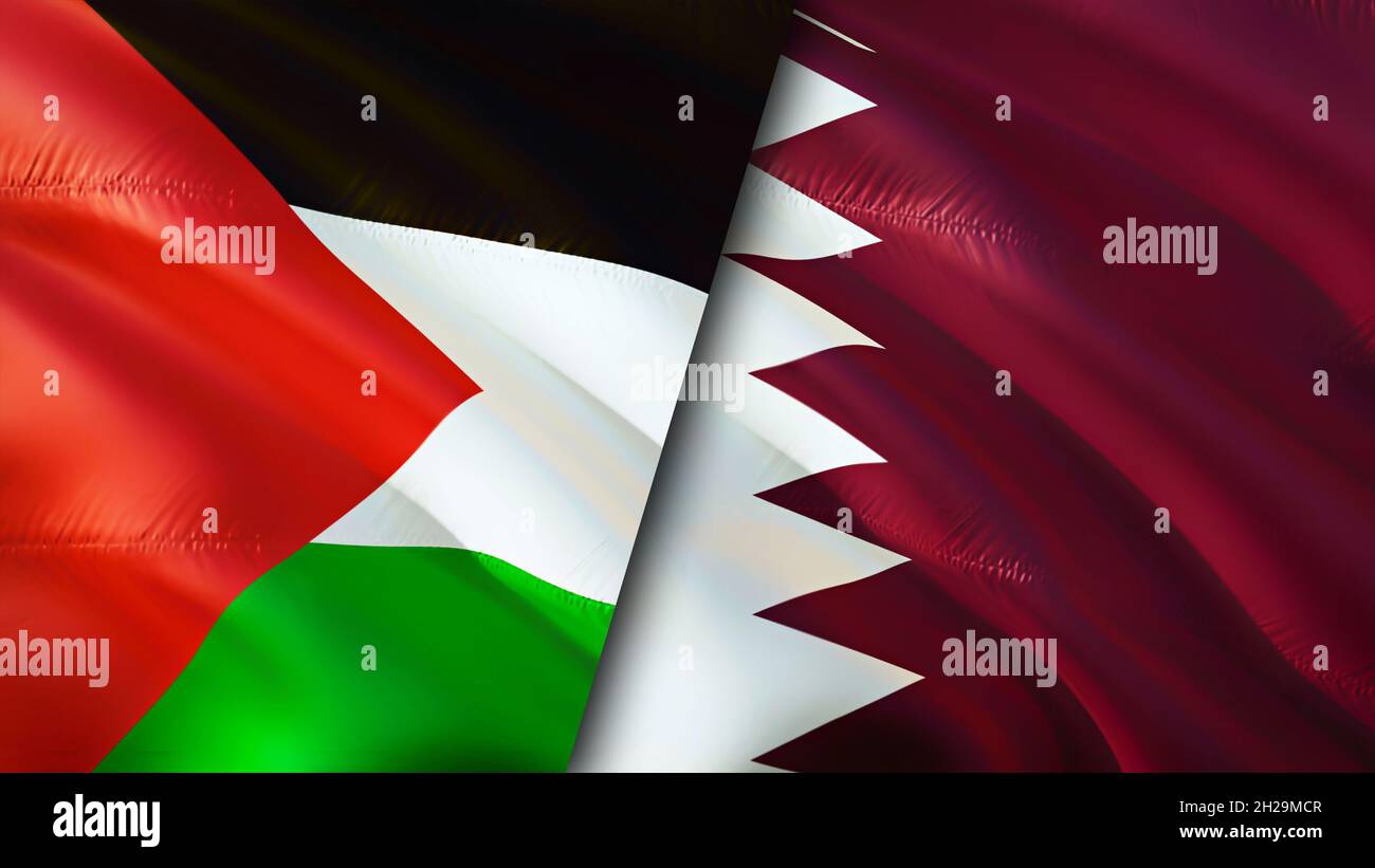 Palestine and Qatar flags. 3D Waving flag design. Palestine Qatar flag ...