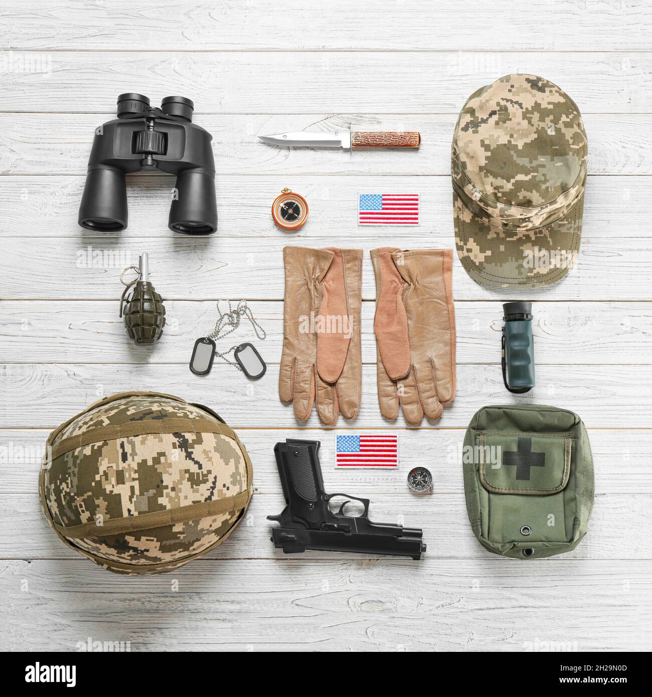 Set of military equipment on wooden background, flat lay Stock Photo ...
