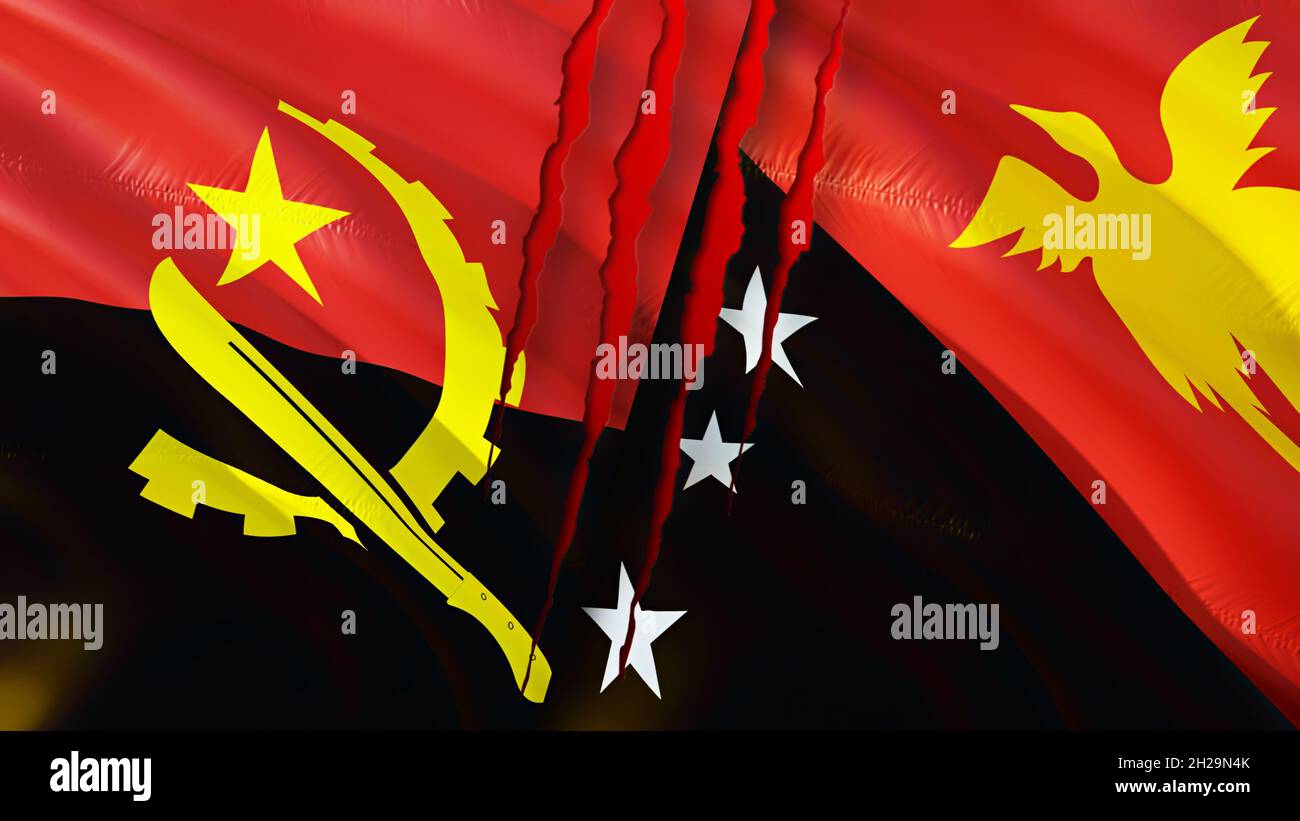 Angola and Papua New Guinea flags with scar concept. Waving flag 3D ...