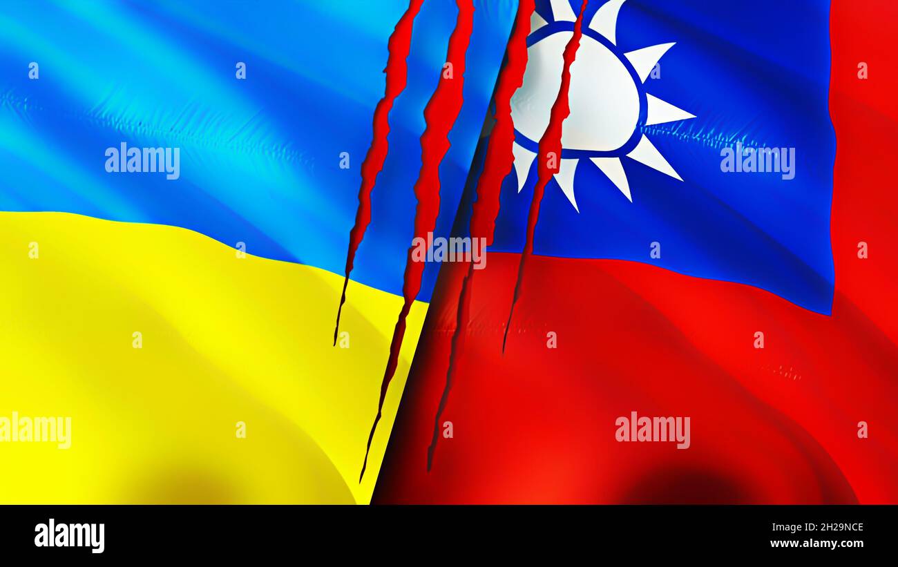 Ukraine and Taiwan flags with scar concept. Waving flag,3D rendering ...