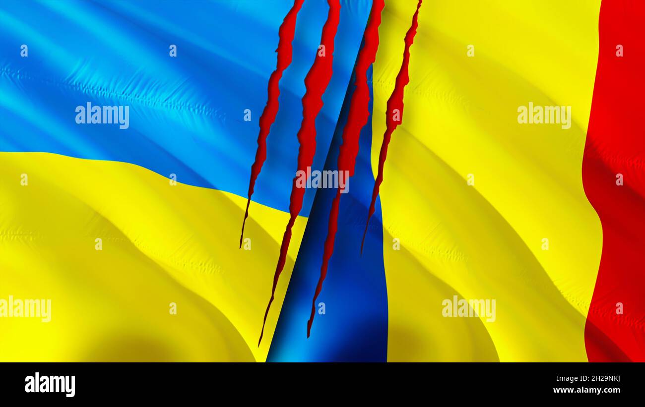 Ukraine and Romania flags with scar concept. Waving flag,3D rendering ...