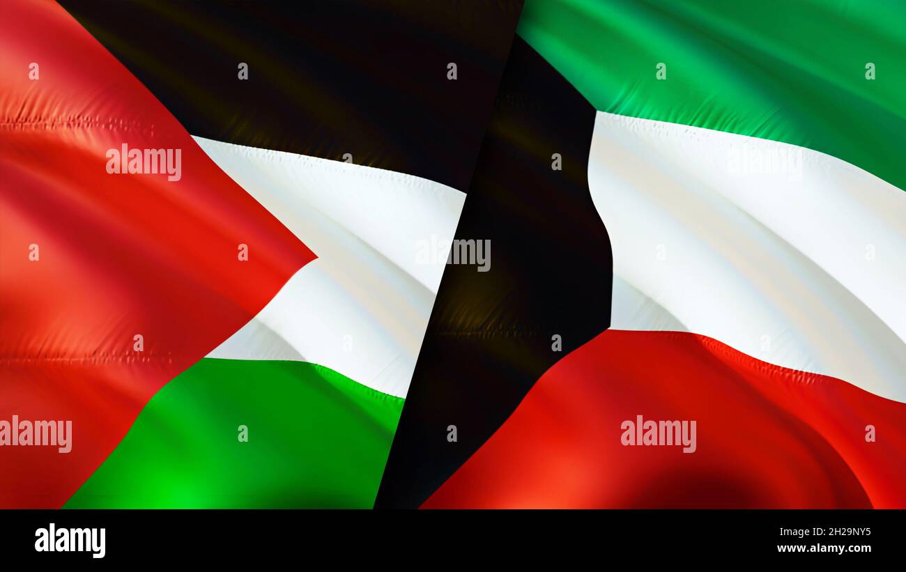 Palestine and Kuwait flags. 3D Waving flag design. Palestine Kuwait ...